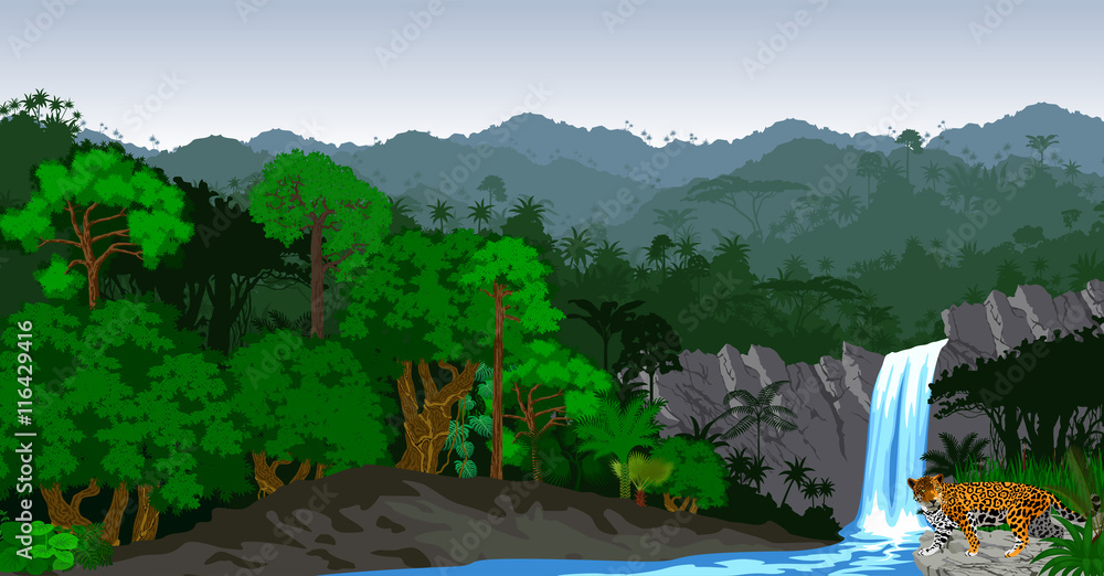 Vector Jungle Rainforest with waterfall and jaguar Stock Vector | Adobe ...