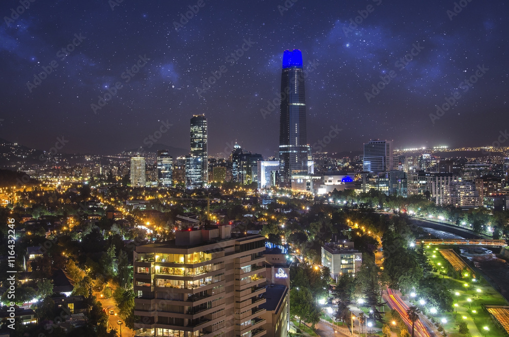 Night view of Santiago de Chile toward the east part of the city ...