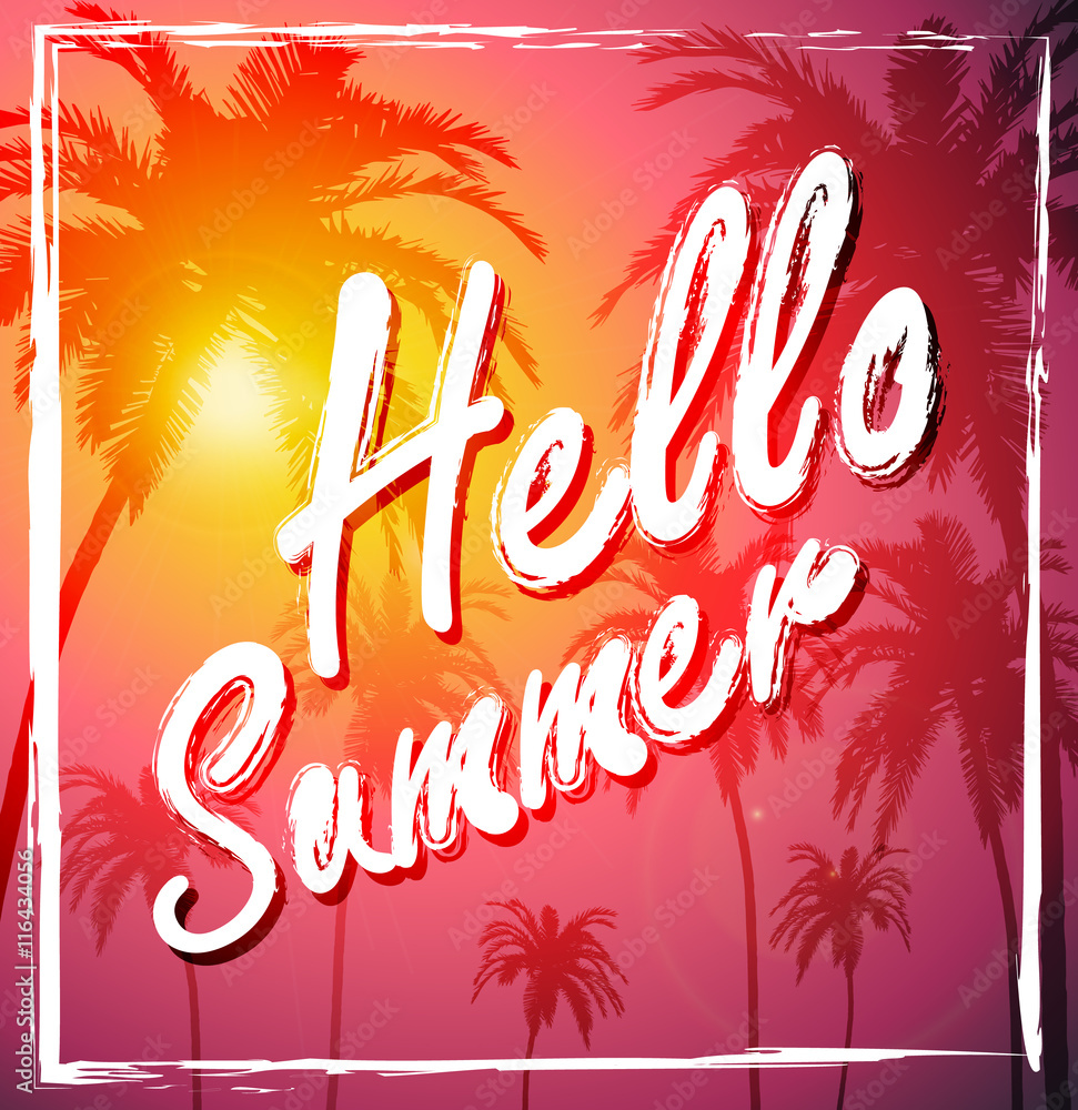 Hello summer background with Tropical palm beach Stock Vector | Adobe Stock