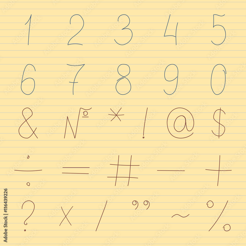 Vector collection of hand drawn numbers and alphabet symbols. Set of 27 ...