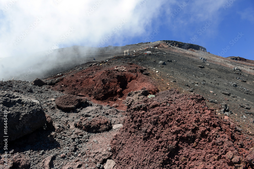 Terrain on climbing route on Mount Fuji, a symmetrical volcano and ...