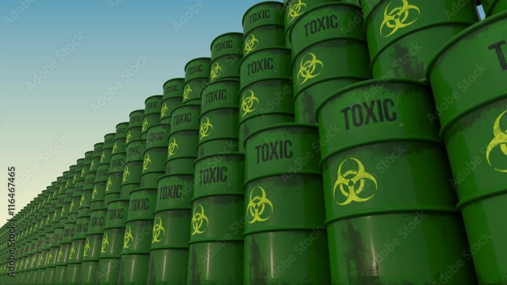 Vidéo Stock Lines of green barrels with toxic content. 4K seamless ...