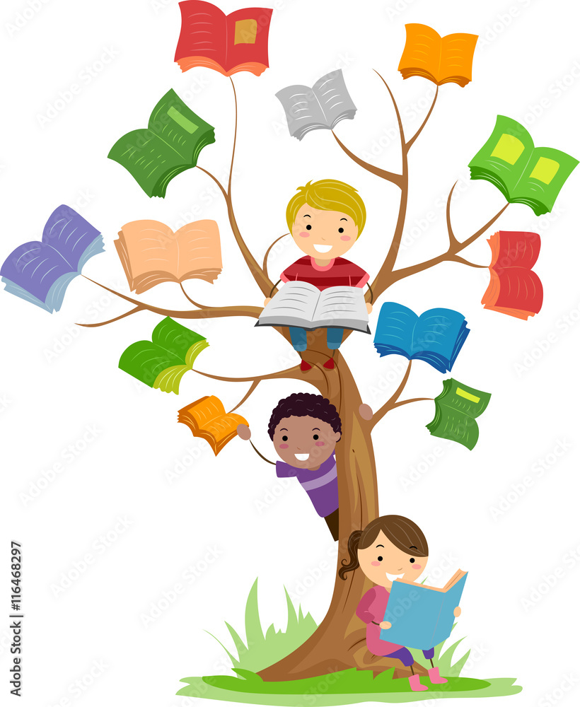 Stickman Kids Book Tree Read Stock Vector | Adobe Stock