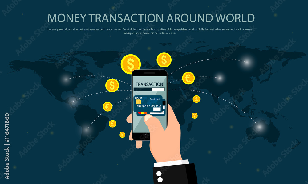 Money Transaction Around World. With Shining Bodies. Business, Mobile ...