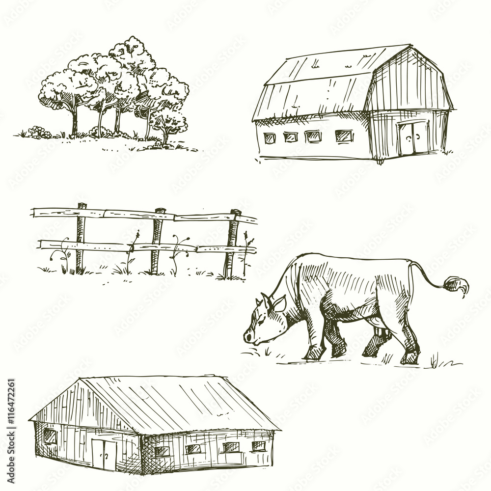 Hand drawn vector illustration of farm, cow, fence, trees, grass ...