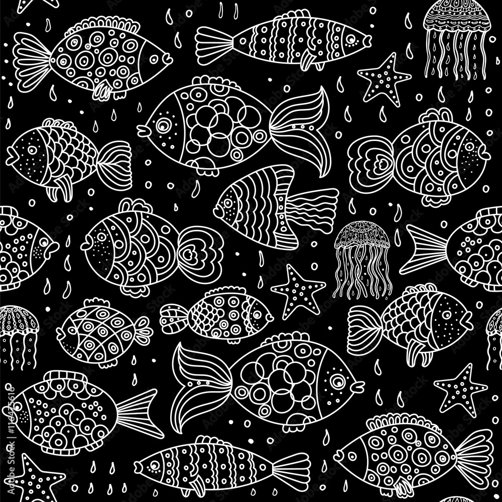 Seamless sea pattern with white outlines on a black background Stock ...