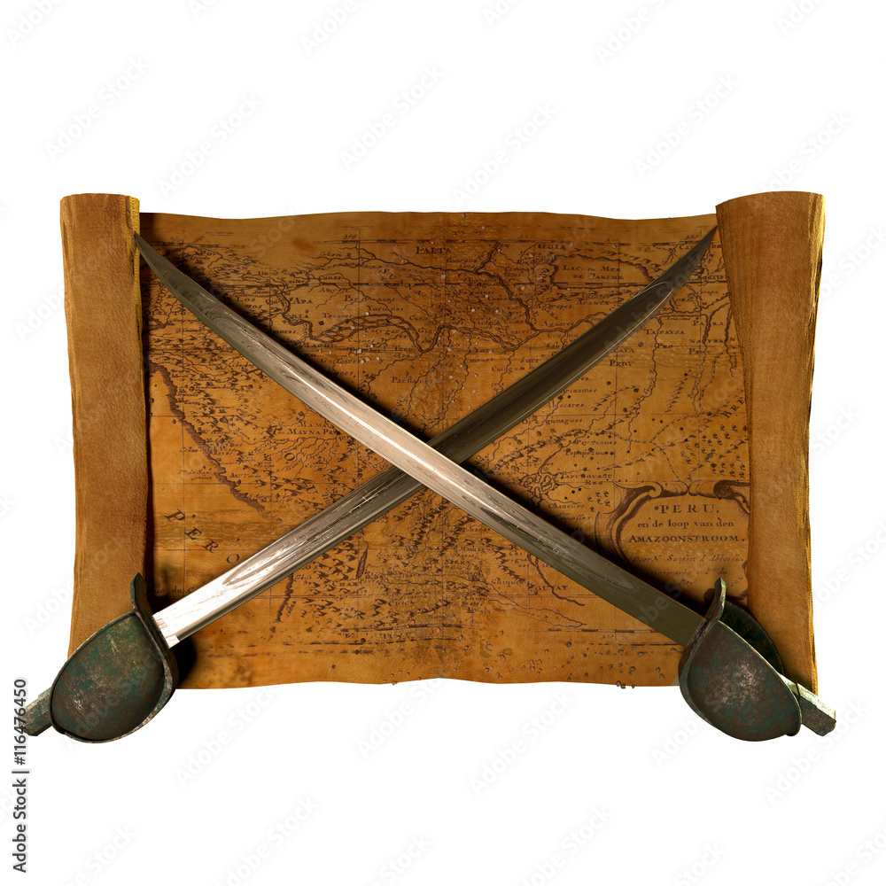 Treasure Map & Crossed Swords A pair of pirate cutlasses crossed over a ...