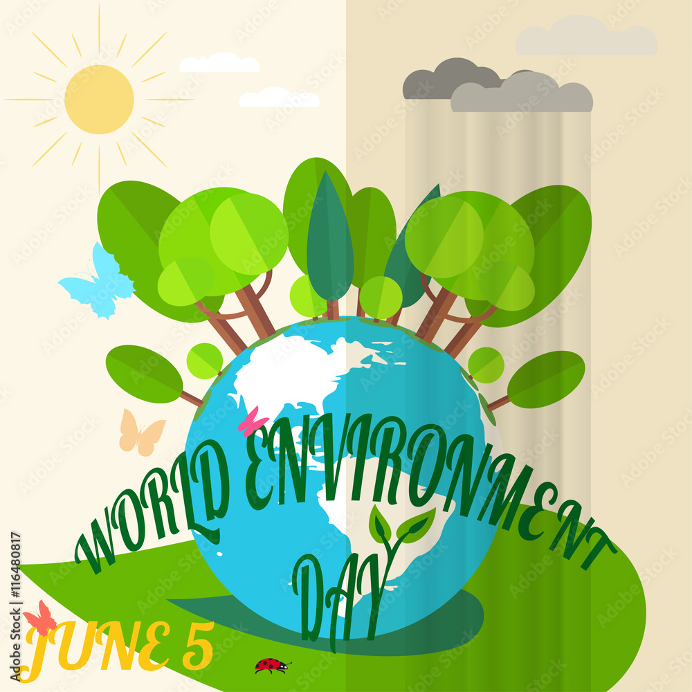 Vector illustration of World Environment Day with a globe, butterflies ...