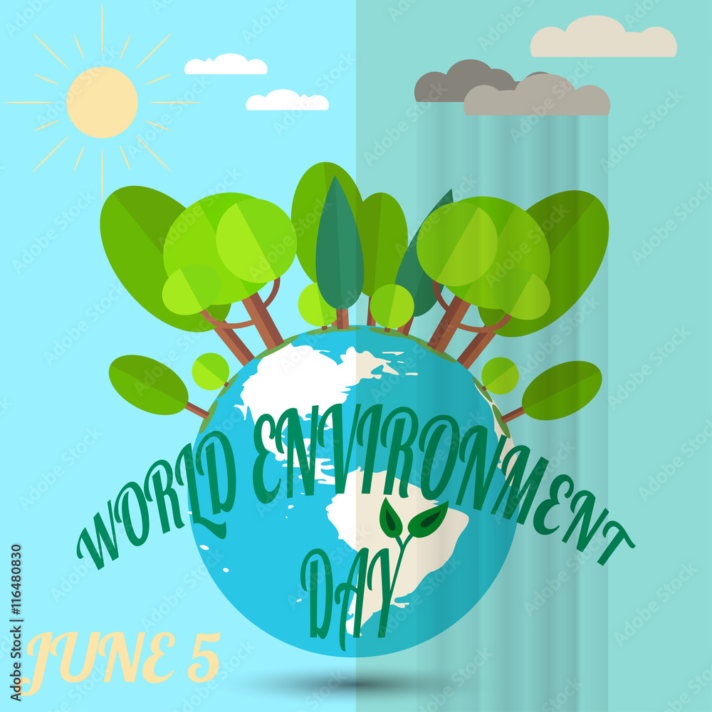 Vector illustration of World Environment Day with a globe, sun, forest ...