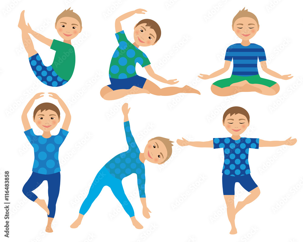 Kids Yoga Poses Vector Illustration. Child doing exercises. Posture for ...