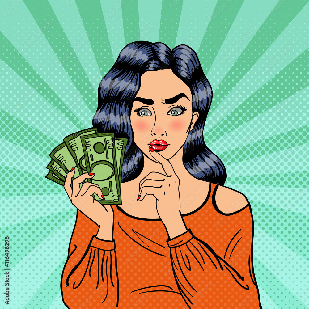 Young Pretty Woman with Money. Girl Thinking How to Spend Money. Pop ...