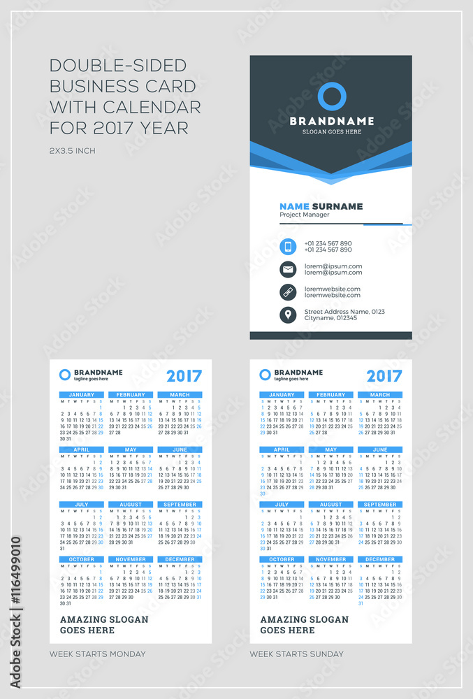 Double-sided vertical business card template with calendar for 2017 ...
