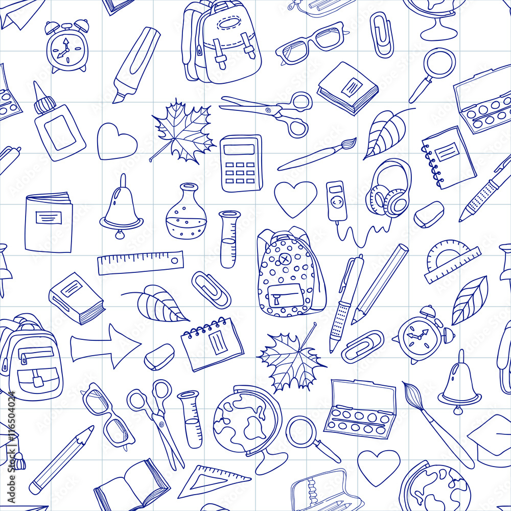 Vector seamless pattern with doodle school tools. Hand drawn school ...