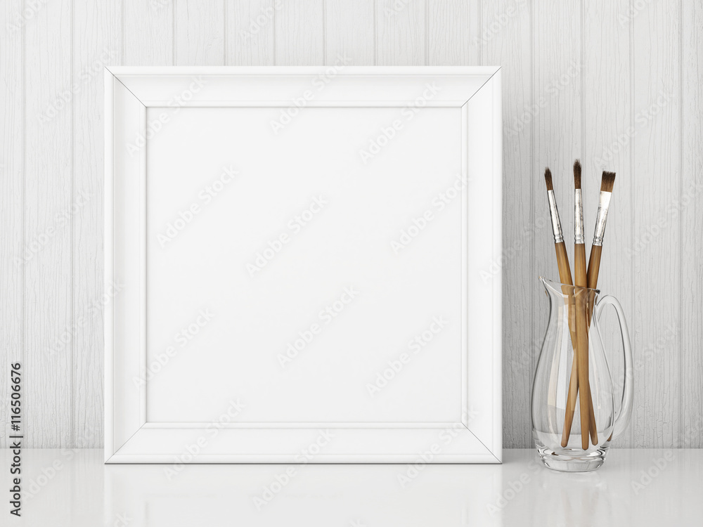 Square interior poster mock up with empty white frame and art brushes ...