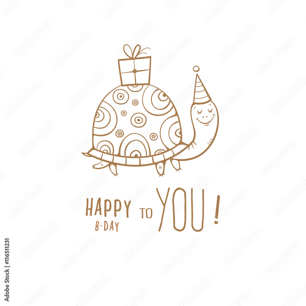 Birthday greeting card with cute cartoon turtle un party hat. Box with ...
