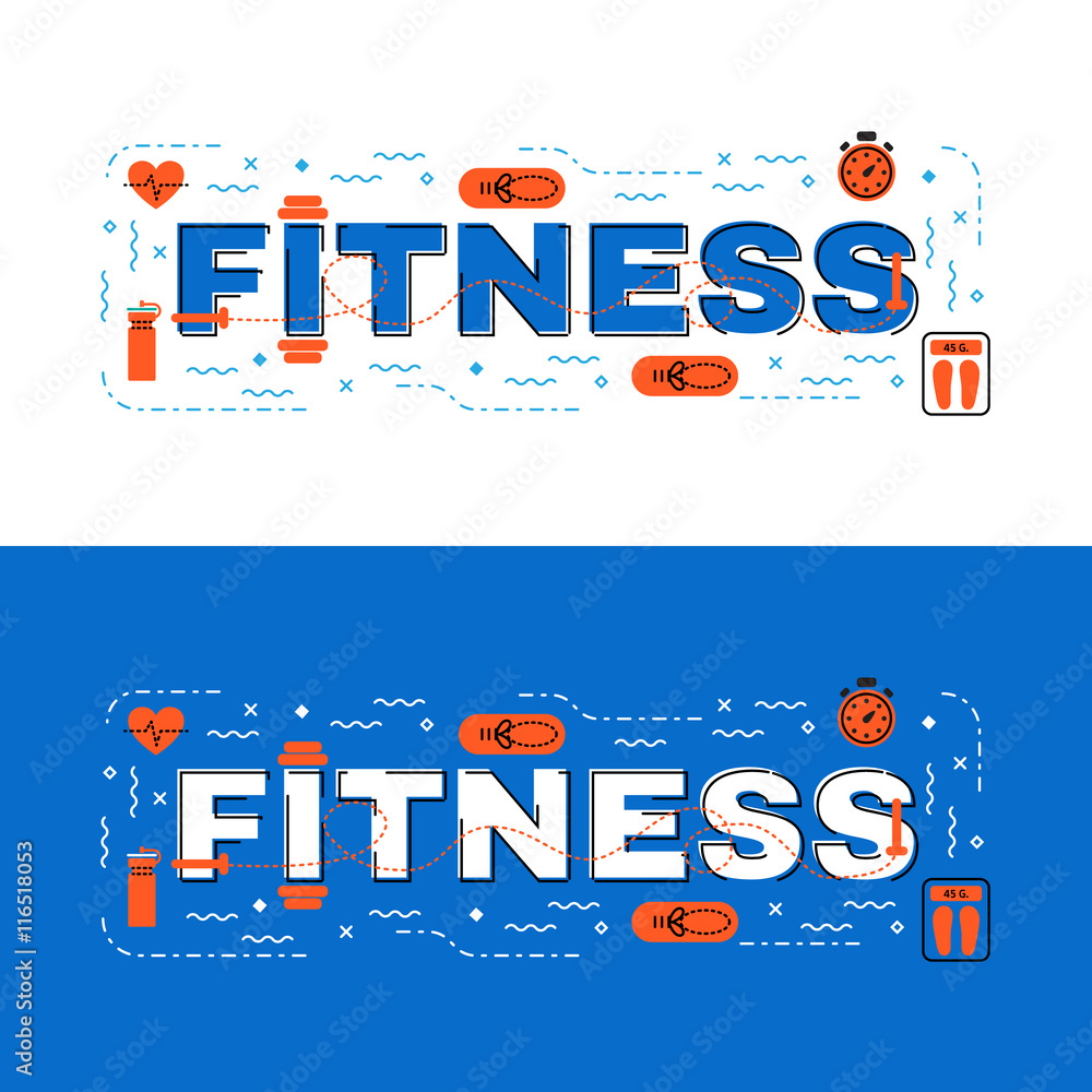 Fitness lettering flat line design with icons Stock Vector | Adobe Stock
