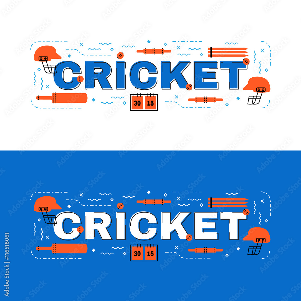 Cricket lettering flat line design with icons Stock Vector | Adobe Stock