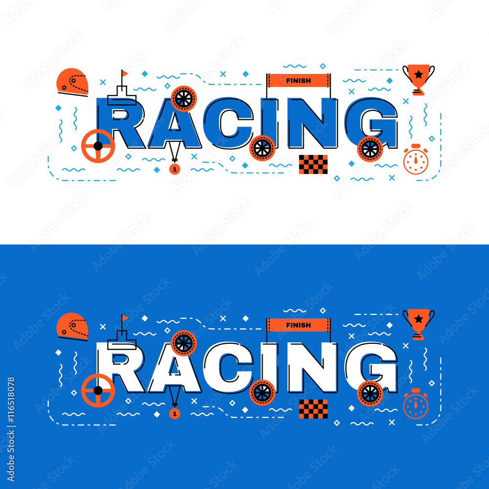 Racing banner, racing lettering flat line design with icons Stock ...