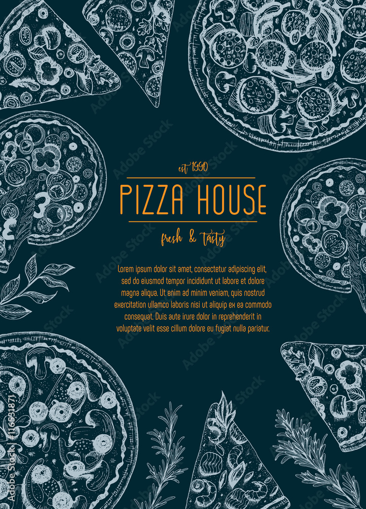 Vintage pizza frame vector illustration. Hand drawn with ink. Pizza ...