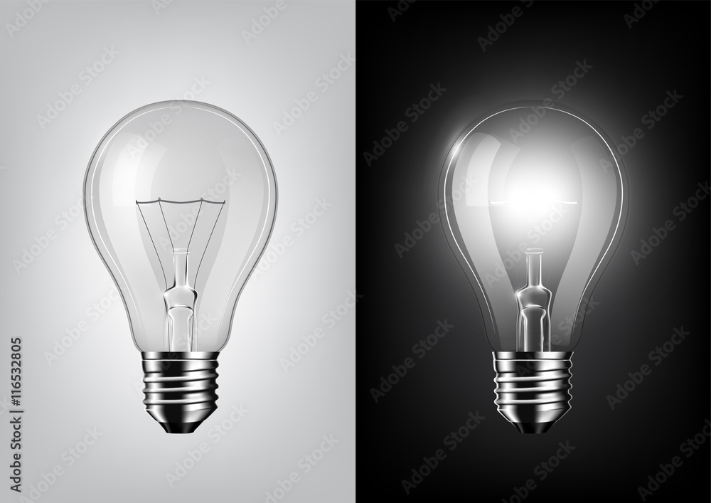 turned off light bulb and glowing light bulb on black and white ...