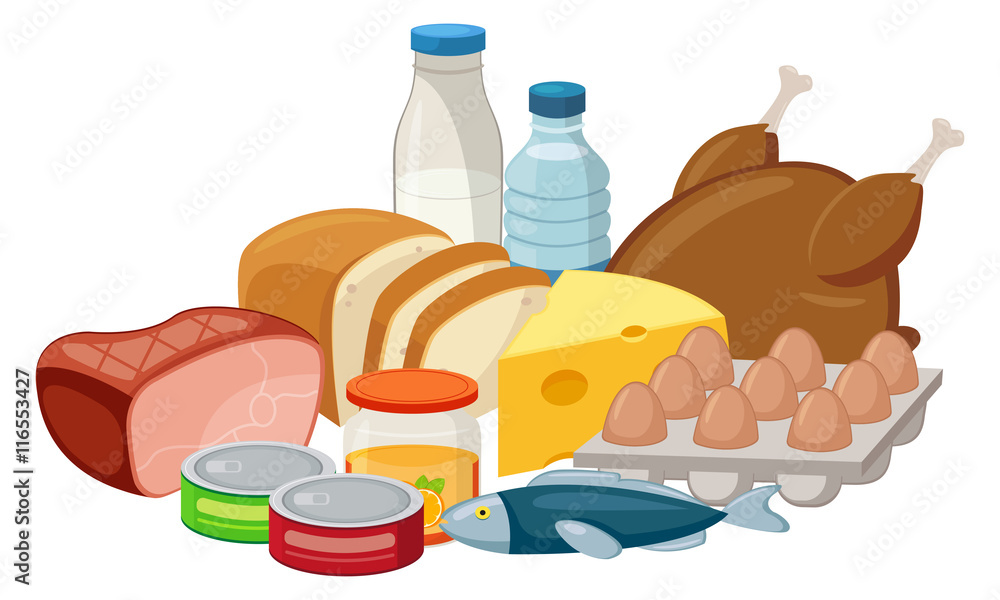 Food composition isolated on white. Set of food and products icons ...