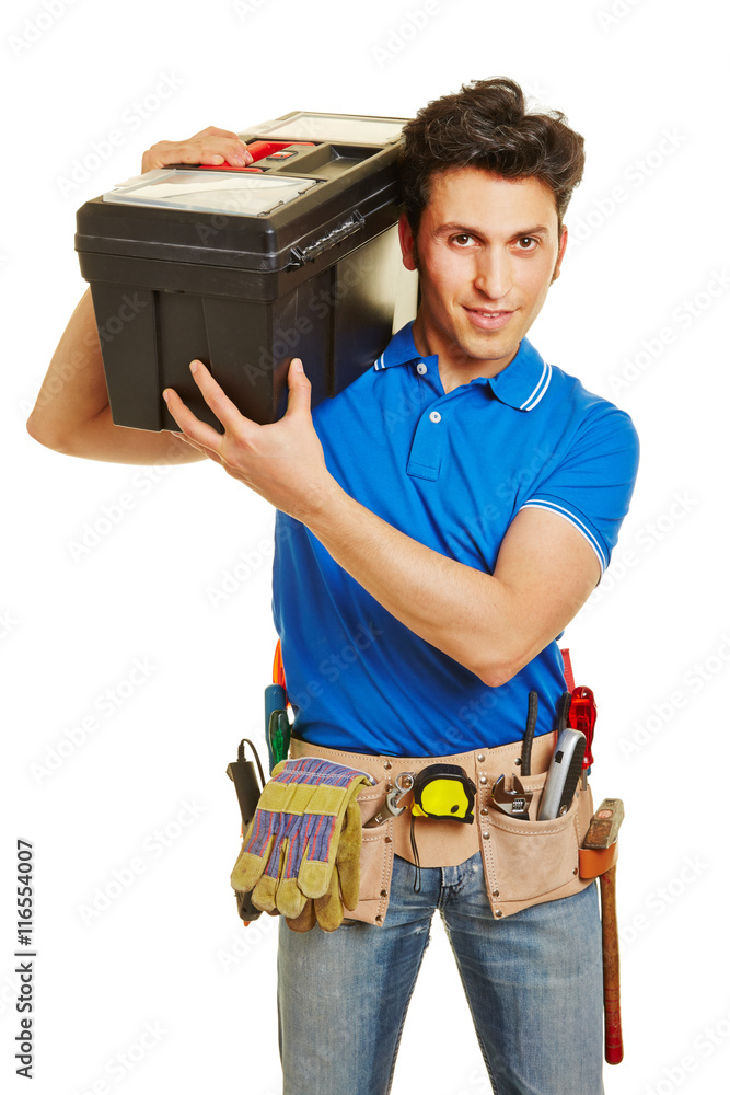 Handwerker trägt Werkzeugkiste Stock-Foto | Adobe Stock