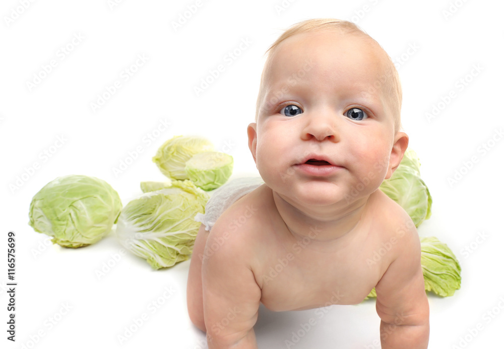 Beautiful baby and green cabbage on white background Stock Photo ...