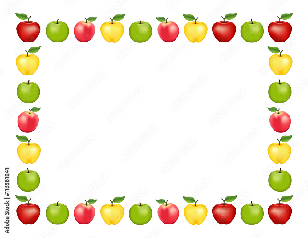 Apple frame place mat with red and golden Delicious, green Granny Smith and Pink apple fruits ...
