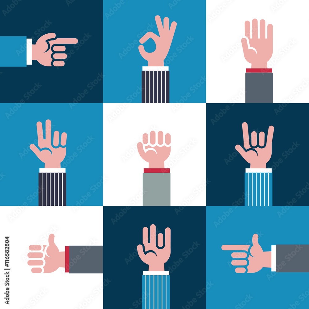 Hand vector icons and symbols, emoji, different hands gestures, signals ...