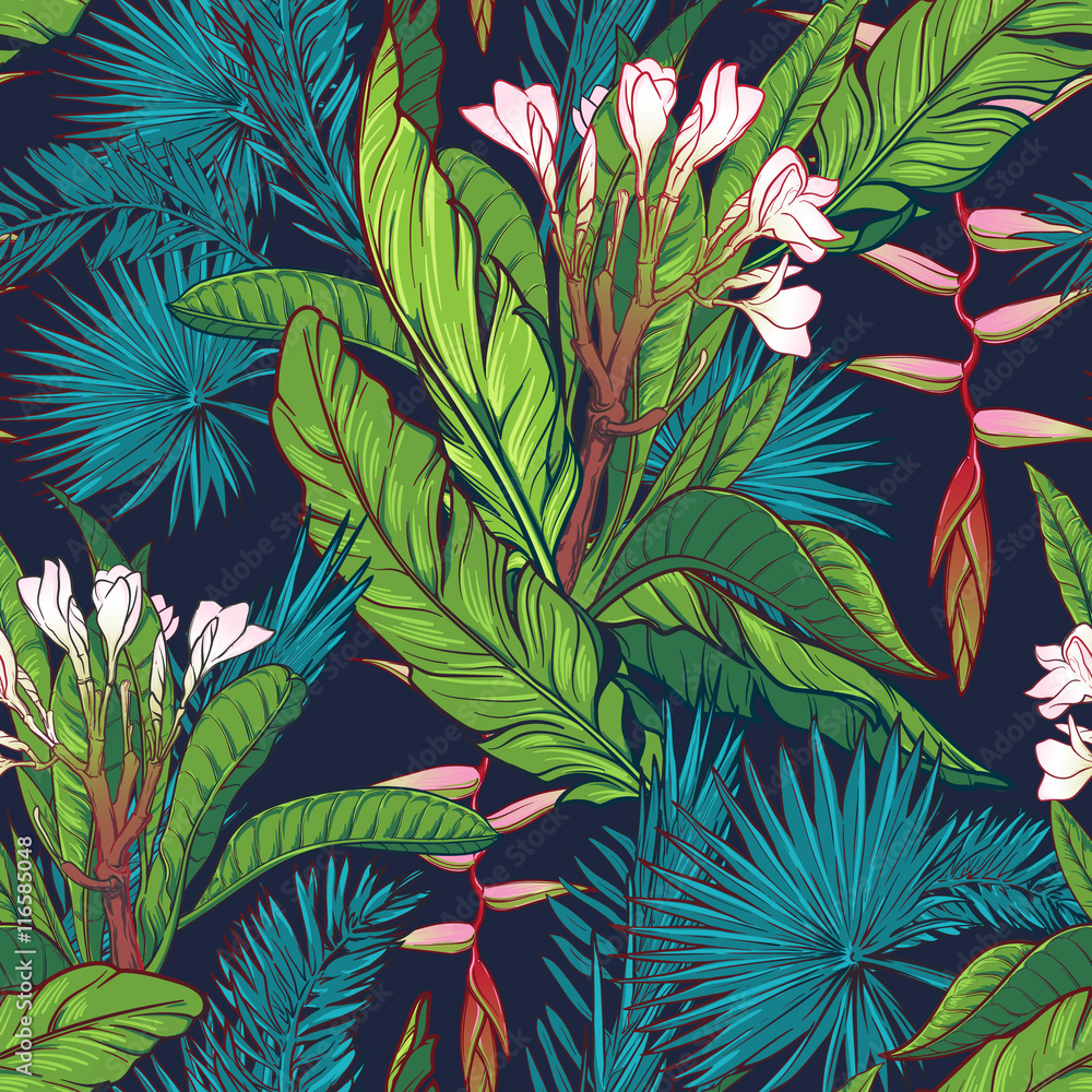 Tropical jungle seamless pattern on dark blue background Stock Vector ...