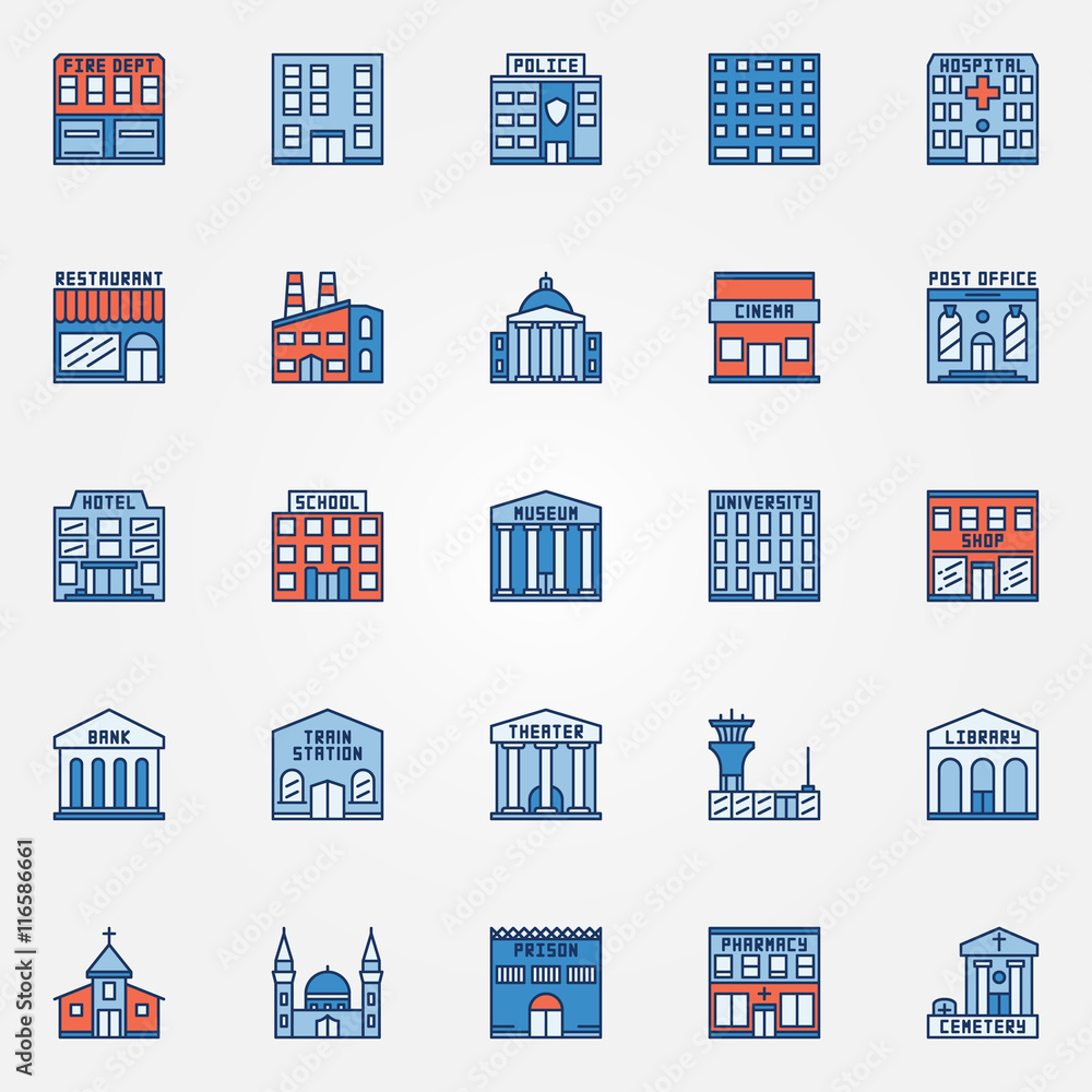 Colorful building icons set Stock Vector | Adobe Stock