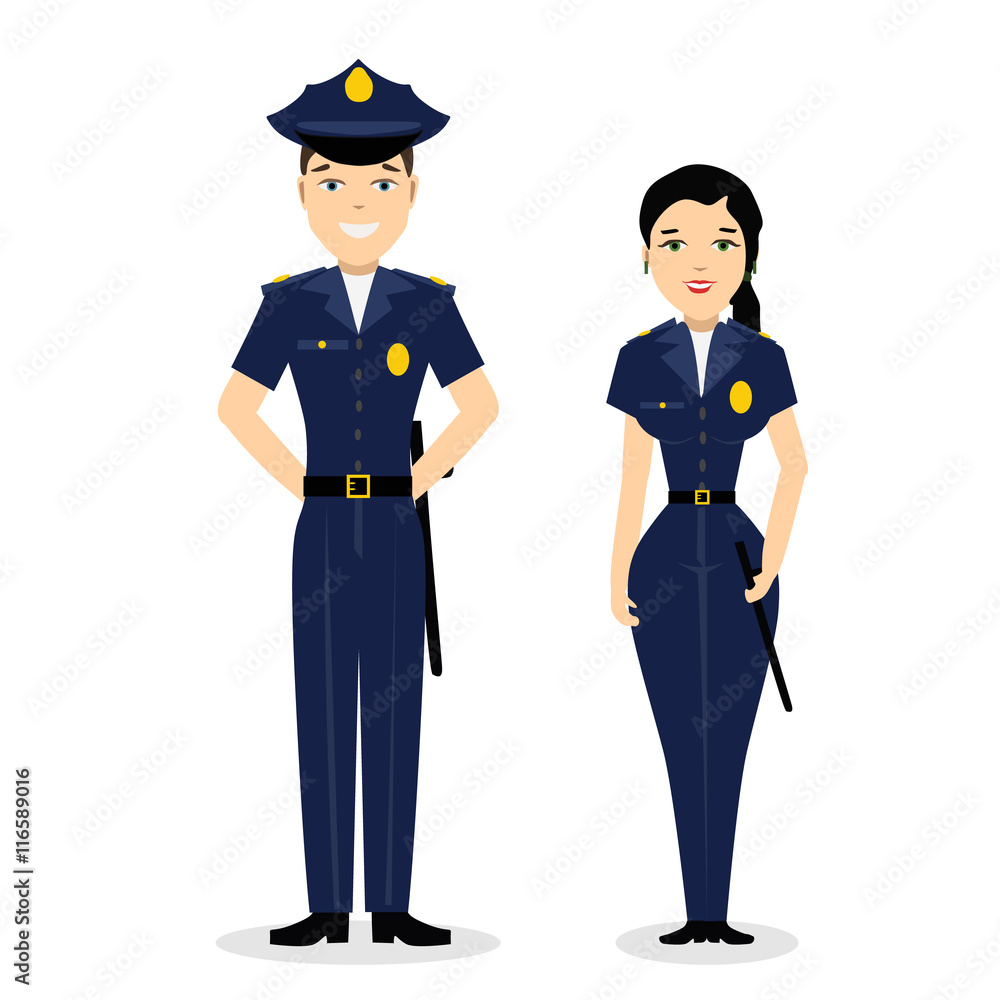 Vector characters: two young happy police officers, man and woman ...