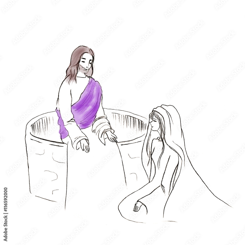 Jesus with a Samaritan women in Christianity Bible story; Hand drawn ...