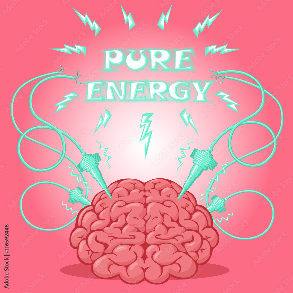 Funny Poster: brain with electrodes energized and text to design a ...