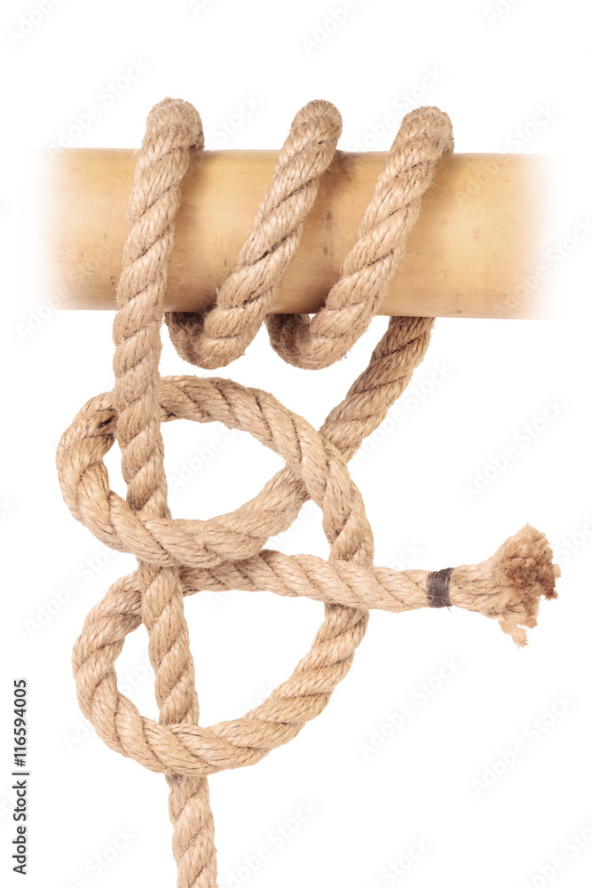 Visual material or guide on execution of "Rolling Hitch Knot". Isolated ...