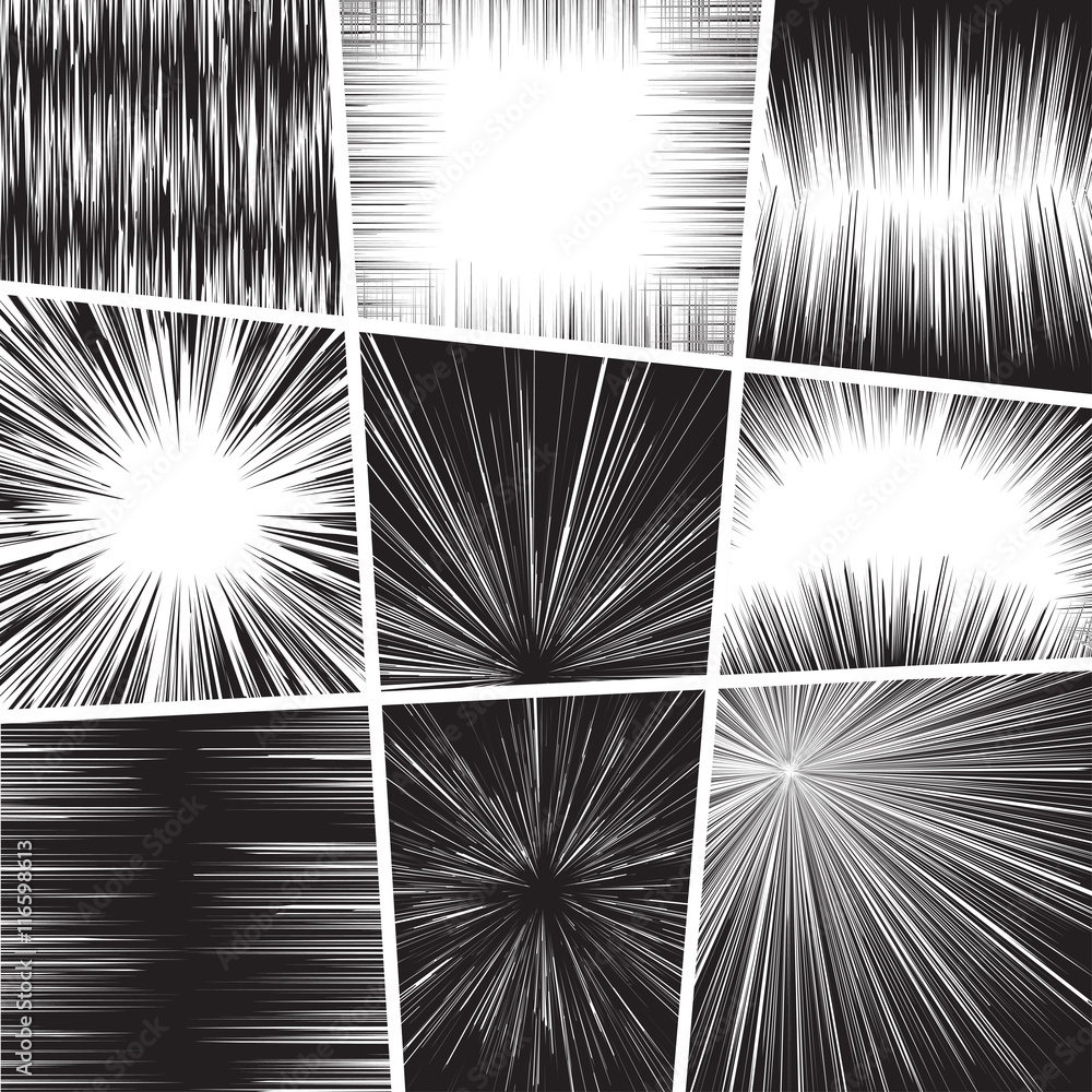 Comic book set frame black and white radial lines background Manga ...
