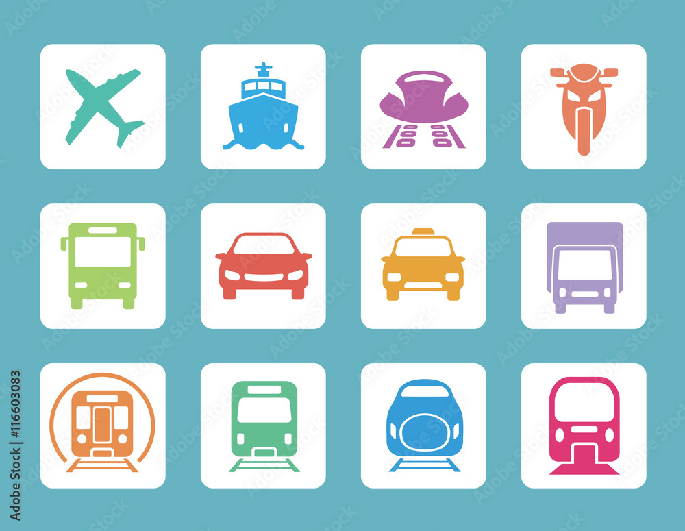 various transportation icon set, including cars, trains, subway ...
