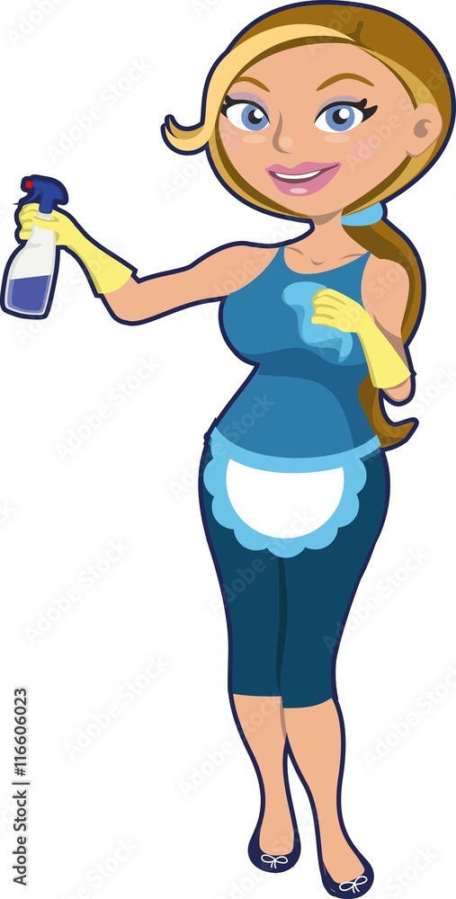 Housecleaner young blonde girl. Cleaning woman. Stock Vector | Adobe Stock