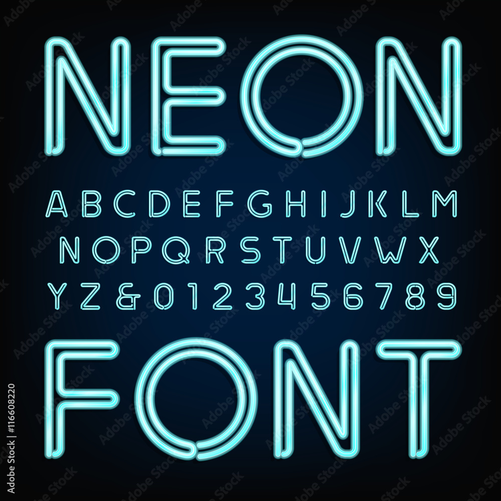 Neon tube alphabet font. Type letters and numbers on a dark background ...