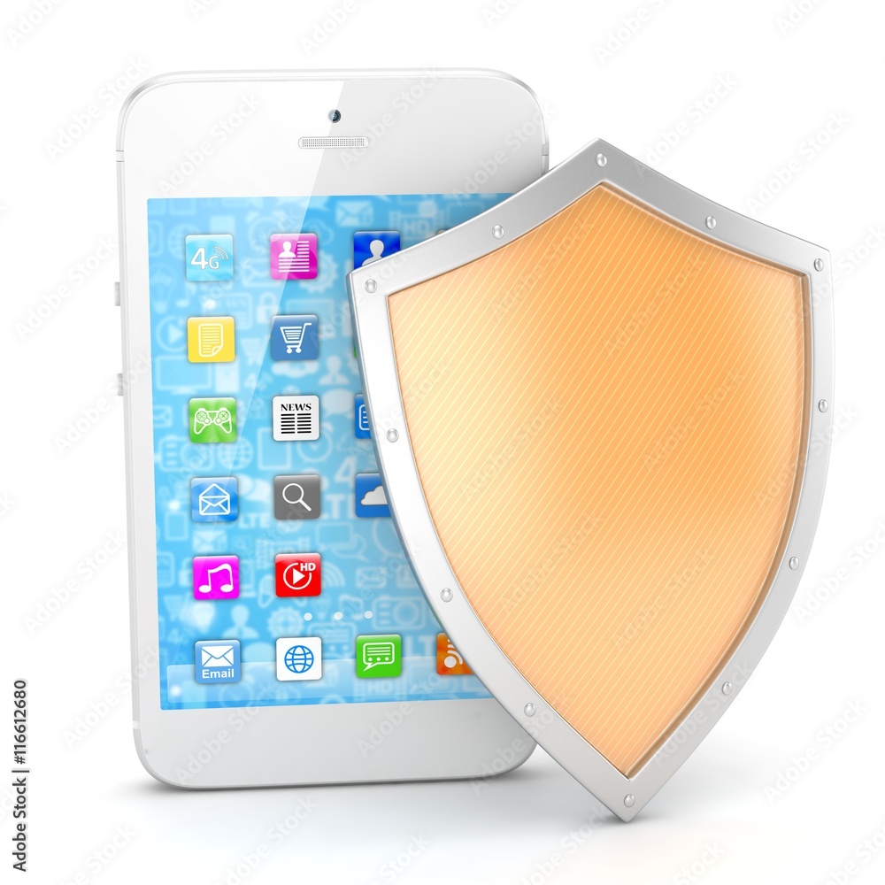 Smartphone and shield on white, security concept. 3d rendering. Stock ...