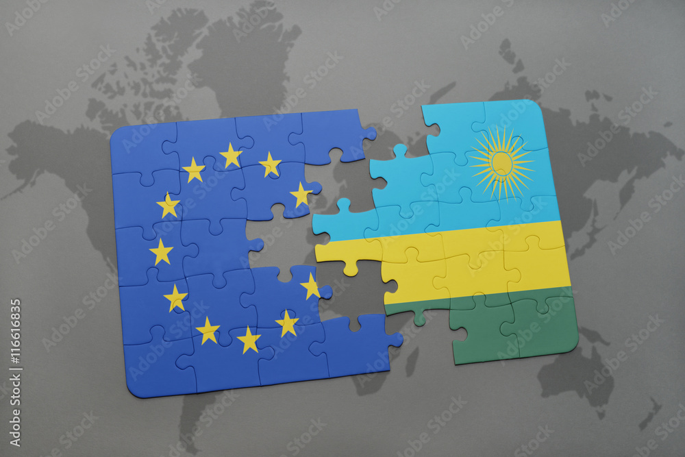 puzzle with the national flag of european union and rwanda on a world ...