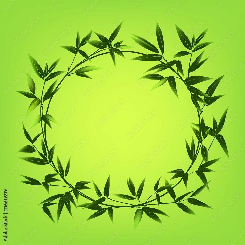 Bamboo leaves frame over green background. Circle border of bamboo tree ...