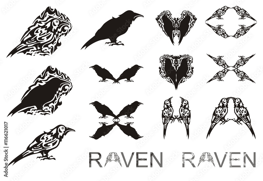 Tribal raven symbols. The stylized raven symbols, raven silhouette ...