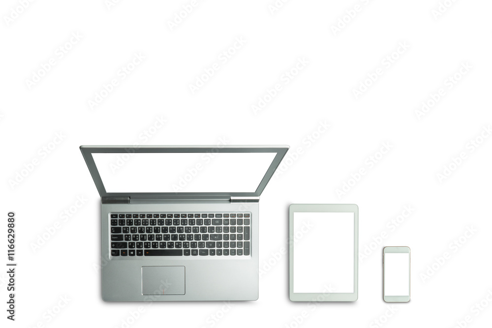 Top view of digital laptop computor, tablet and smartphone white screen ...