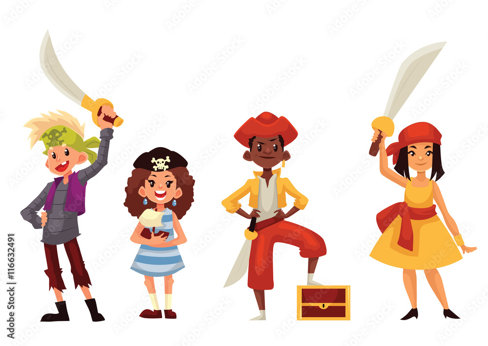 Set of children dressed as pirates, cartoon style vector illustration ...