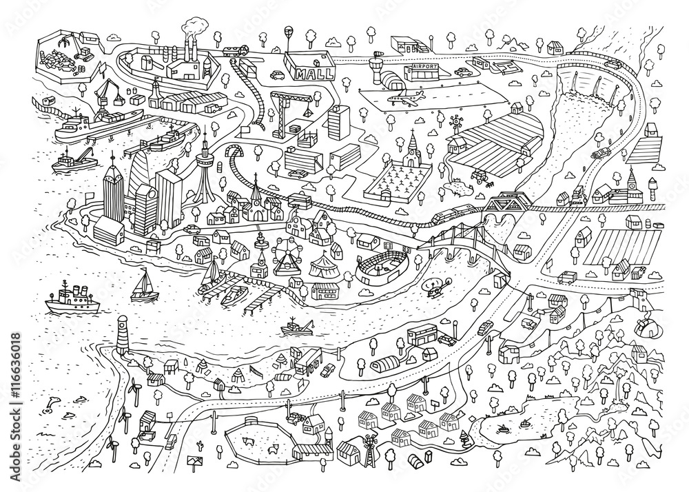 Doodle town. Map drawn by hand. Vector. Isolated. Stock Vector | Adobe ...