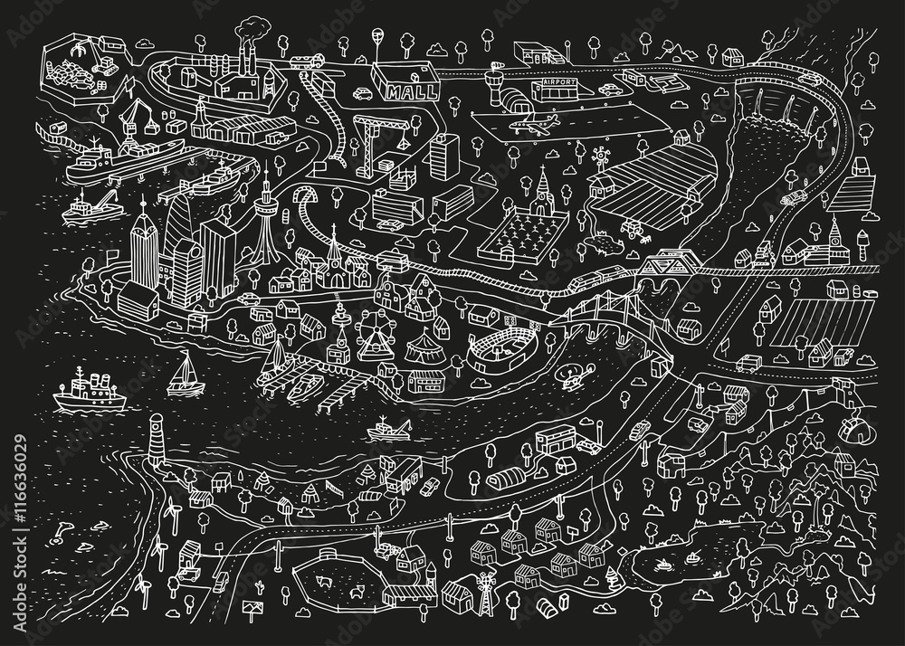 Doodle town. Map drawn by hand. Vector. Isolated. Stock Vector | Adobe ...