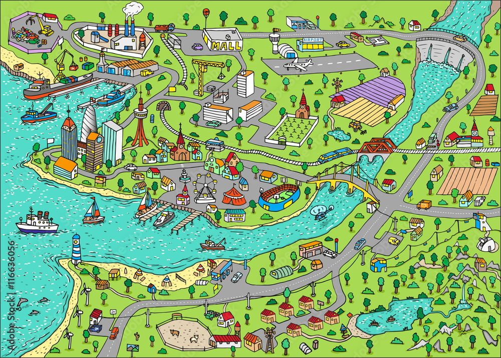 Doodle town. Map drawn by hand. Vector. Isolated. Stock Vector | Adobe ...