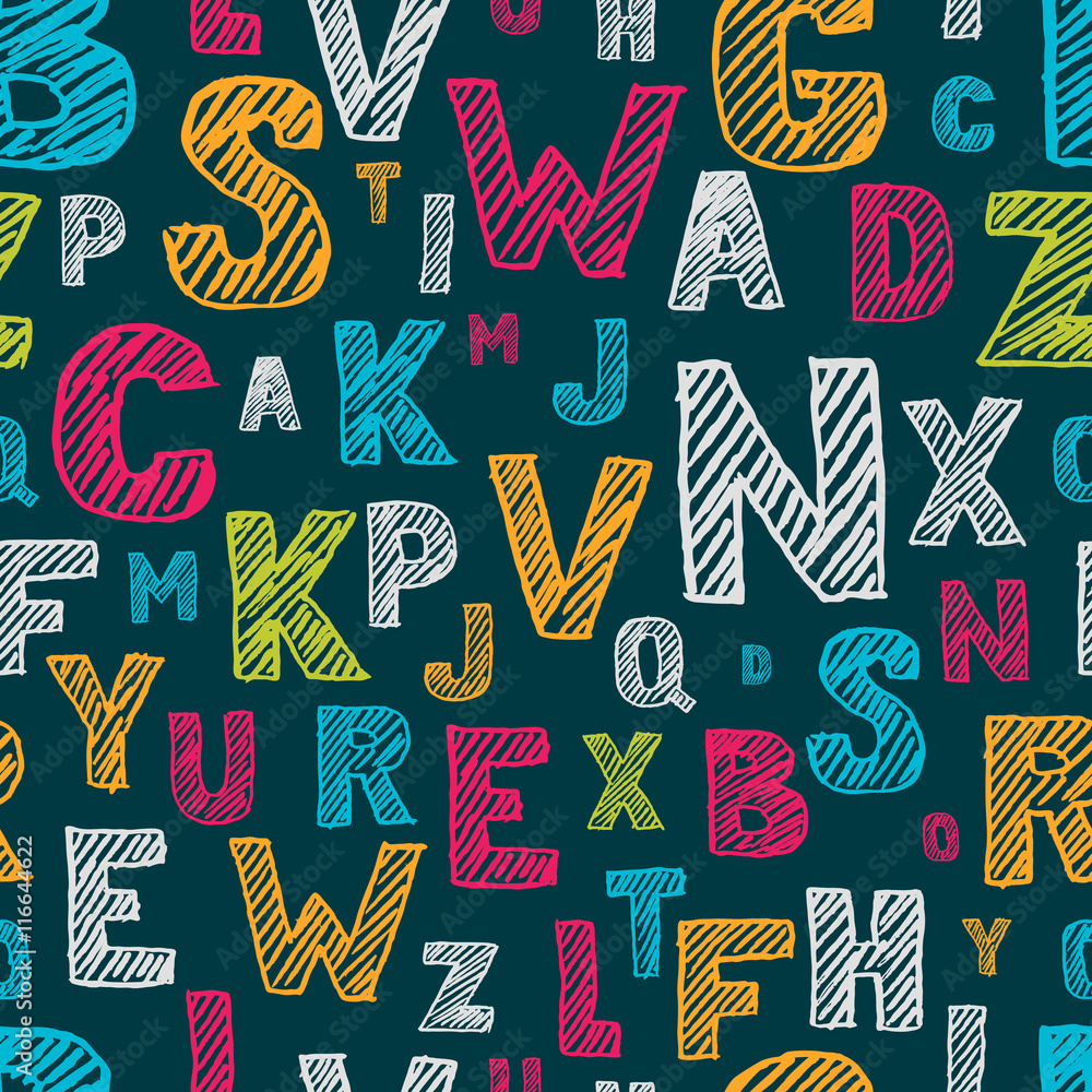 Hand drawn sketch latin alphabet seamless pattern. Vector multicolor ...