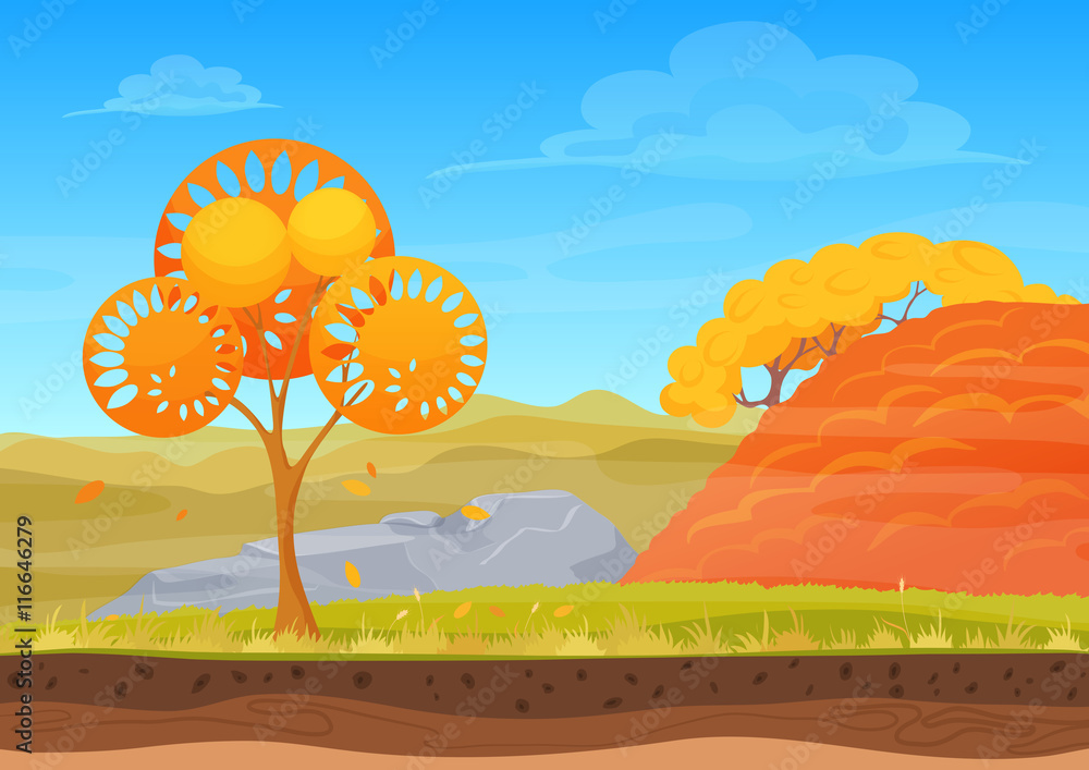 Cartoon nature autumn landscape in sun day with grass, trees, cloudy ...